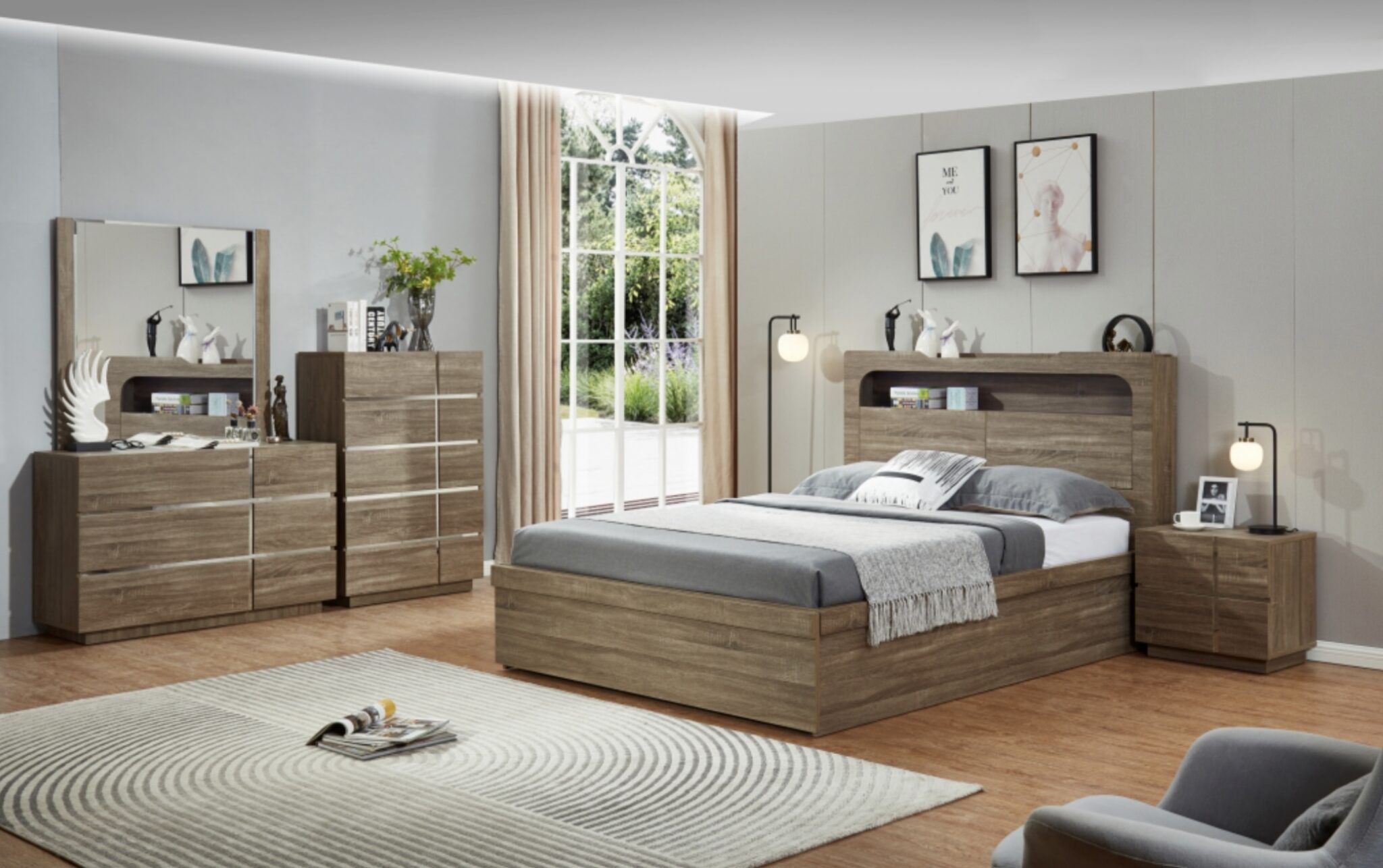 4 piece New York Queen bedroom suite + side gas lift & draw mid oak ...