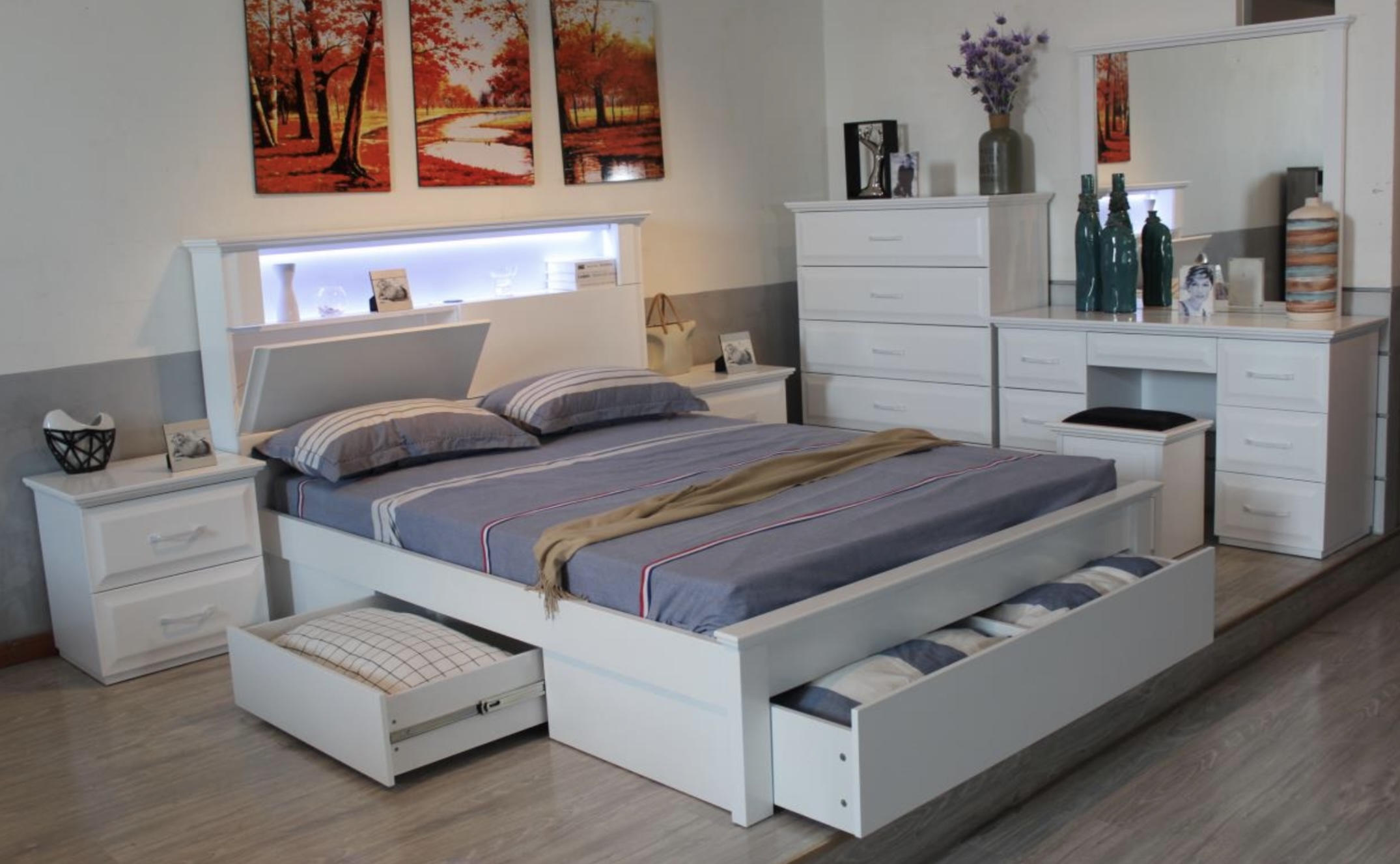 QUEEN MONACO BED FRAME + 3 draw base - semi white gloss - One Stop ...