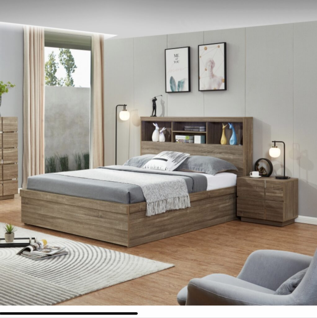king size Victora bedframe + side gas lift & foot draw mid oak - One ...