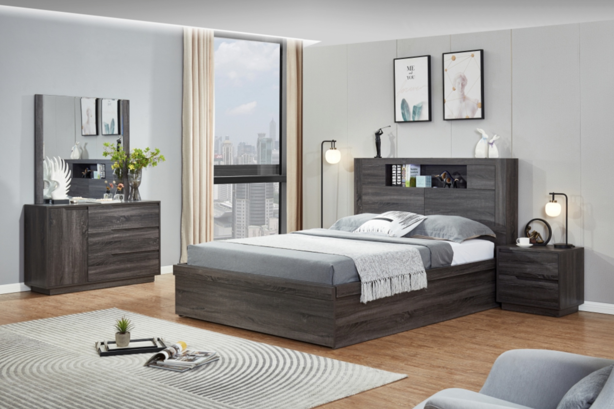 4 piece Boston Queen bedroom suite + side gas lift dark & foot draw ...