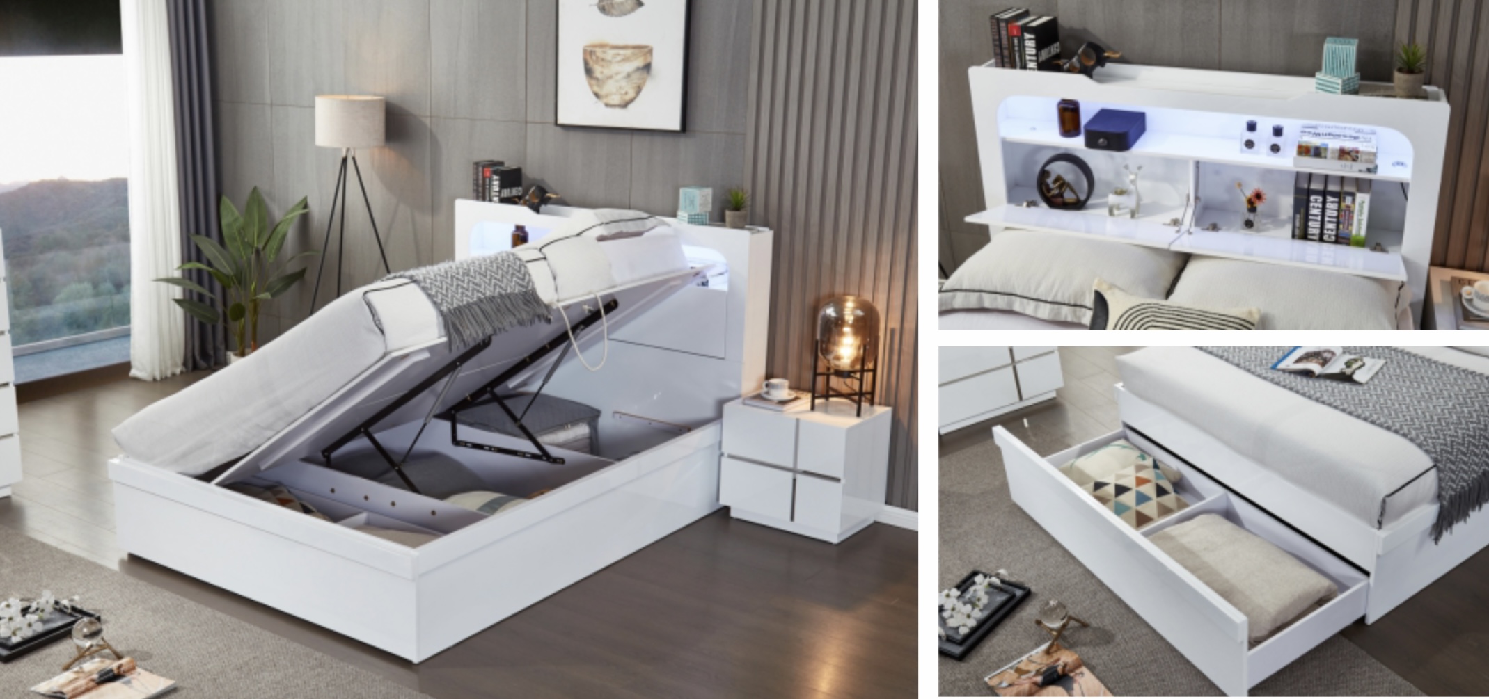 New York Queen bedframe + side gas lift & draw gloss white - One Stop ...