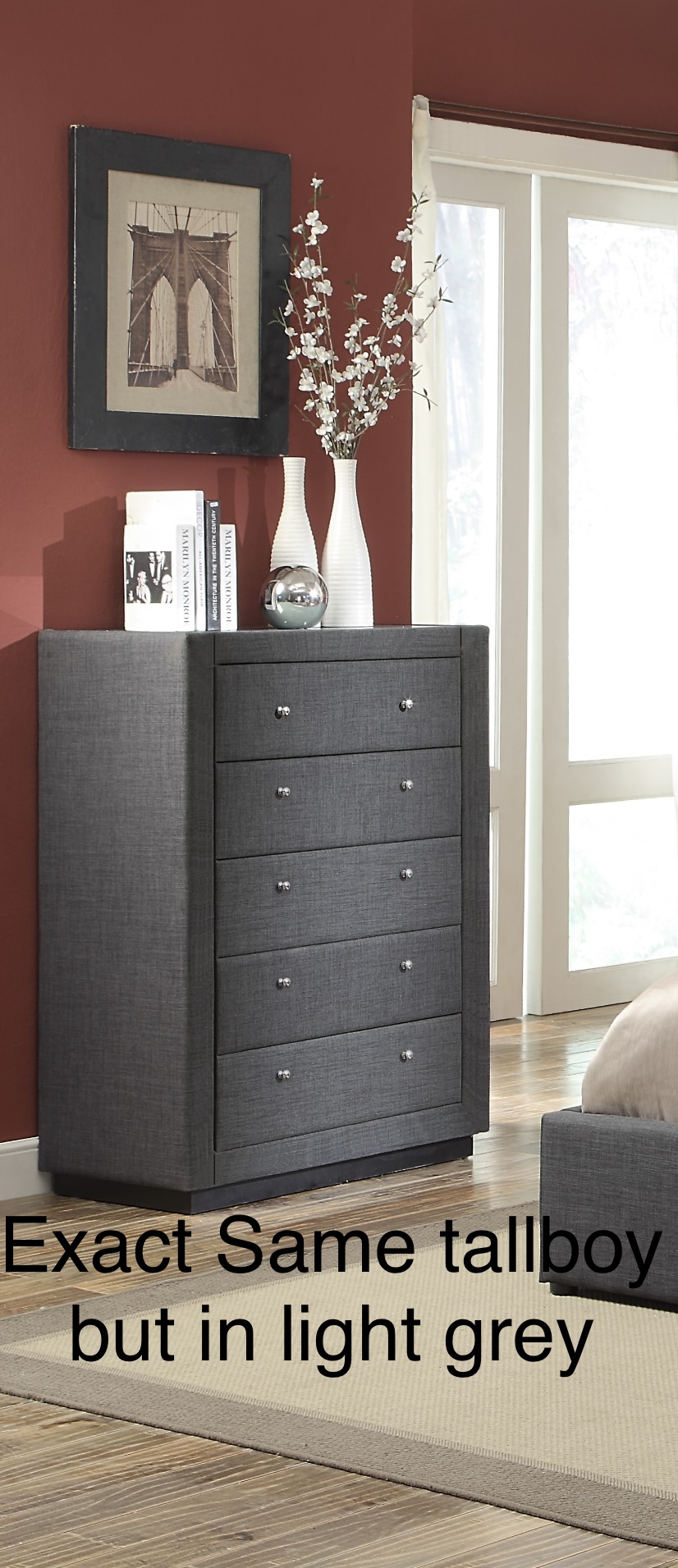 Light grey fabric 5 draw tallboy (Brooklyn, cameo) - One Stop Furniture